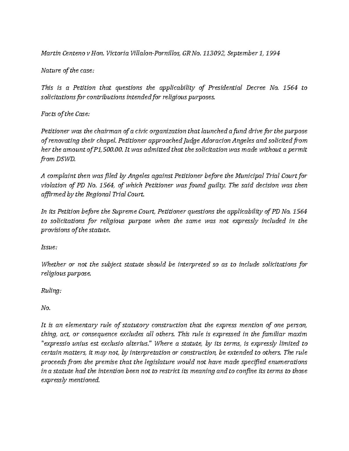 Centeno v Pornillos CD - Case Digest - Martin Centeno v Hon. Victoria ...