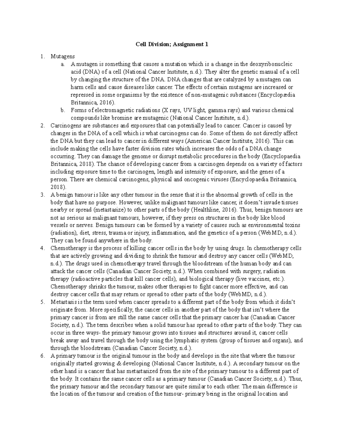 Cell Division Assignment 1- Cancer stuff - Cell Division; Assignment 1 ...