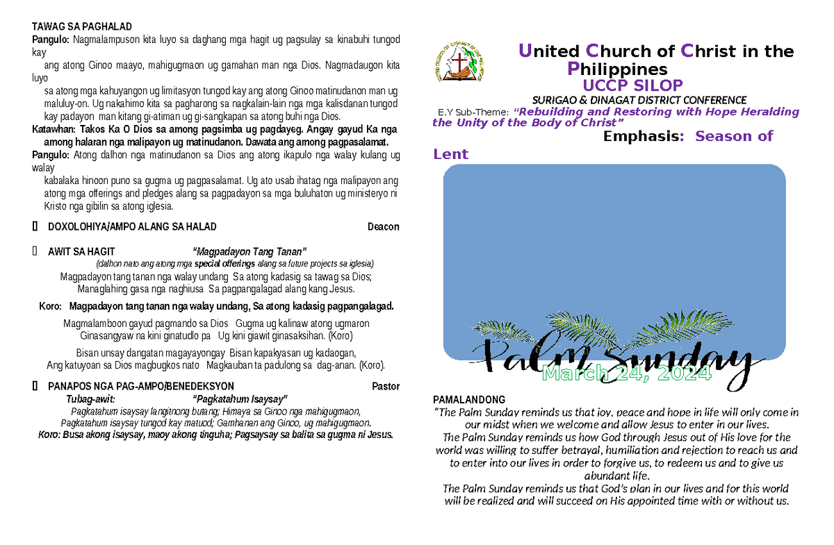 March 24 Silop - order of worship sample - TAWAG SA PAGHALAD Pangulo ...