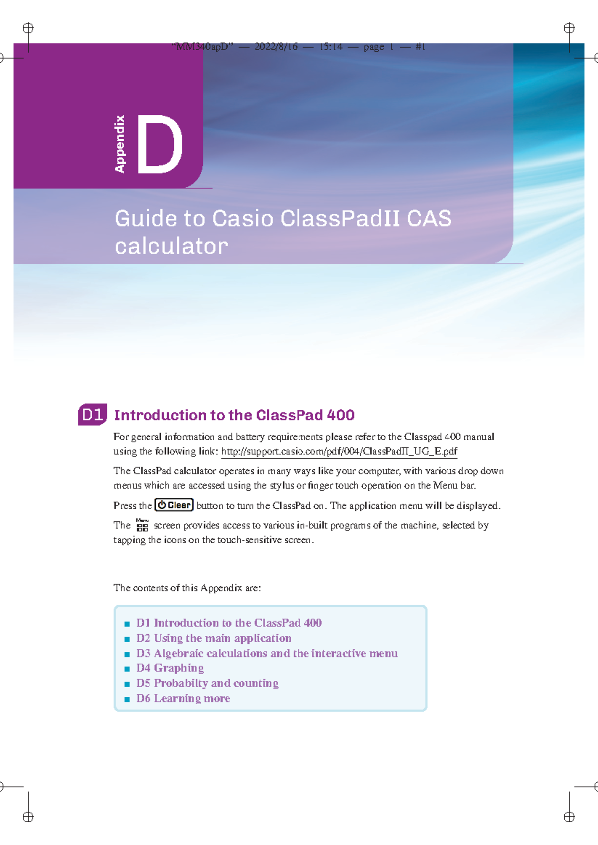 Appendix D Guide to the Casio Class Pad II CAS Calculator - “MM340apD ...