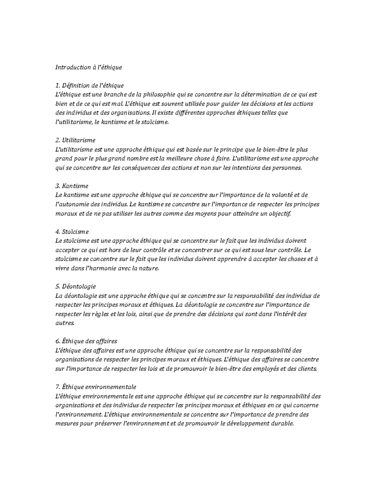 Ethics Study Notes - Introduction à l'éthique Définition de l'éthique L ...