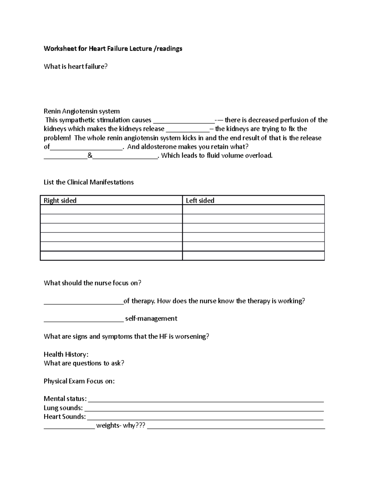 Worksheet for Heart Failure Lecture - And aldosterone makes you retain ...