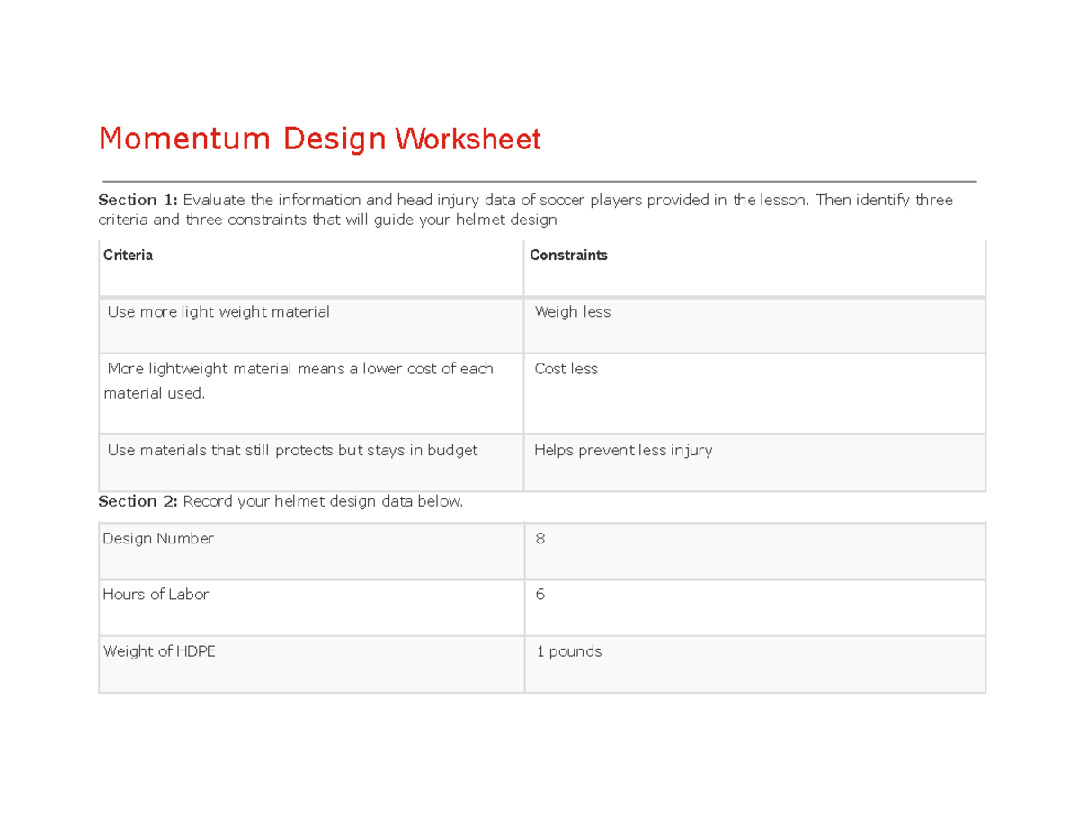 Momentum Design Worksheet - Studocu