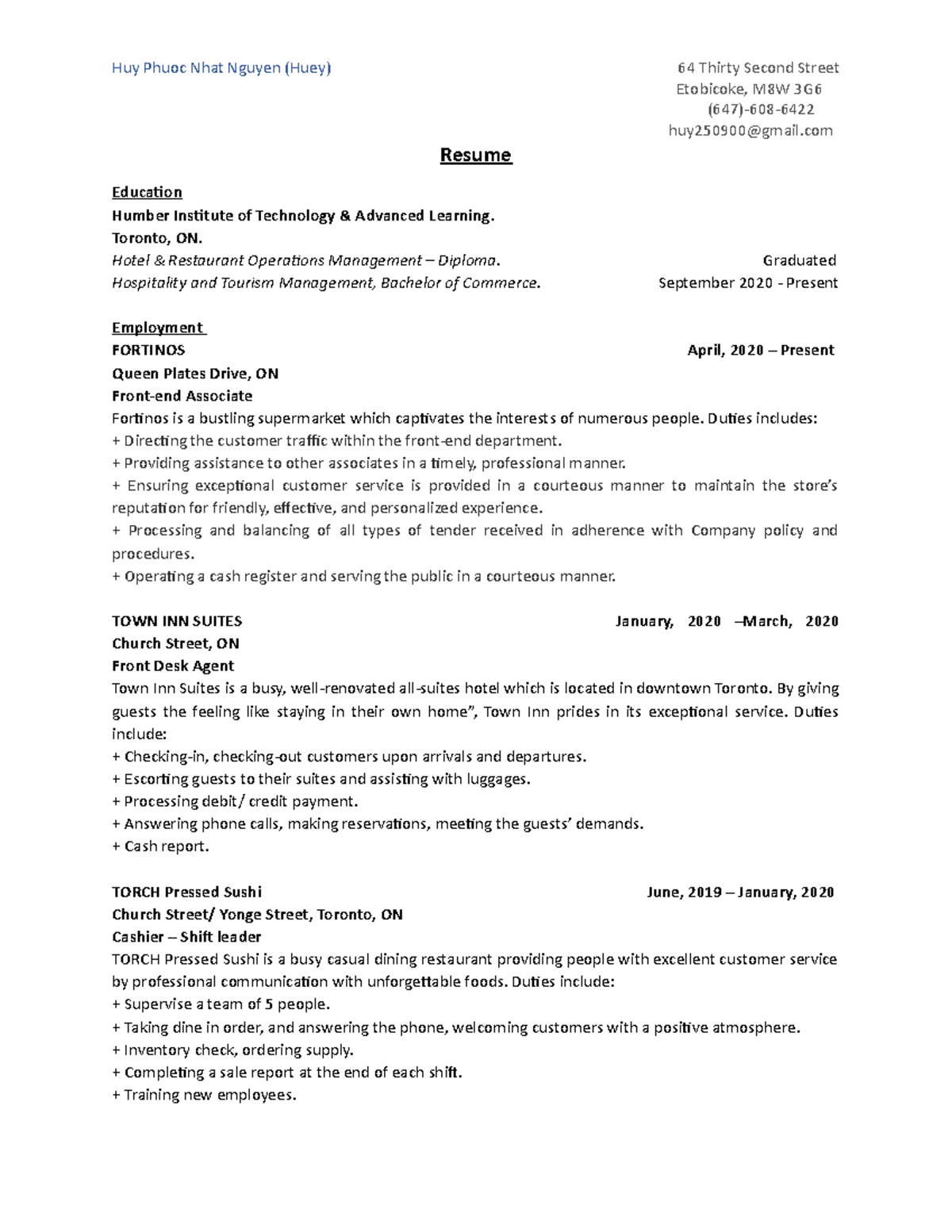 Resume-Huy-Nguyen - Sample resume for back of house position - Huy ...