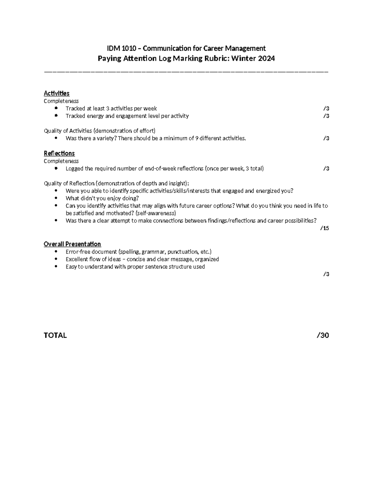 IDM1010 Paying Attention Log Rubric - IDM 1010 – Communication for ...