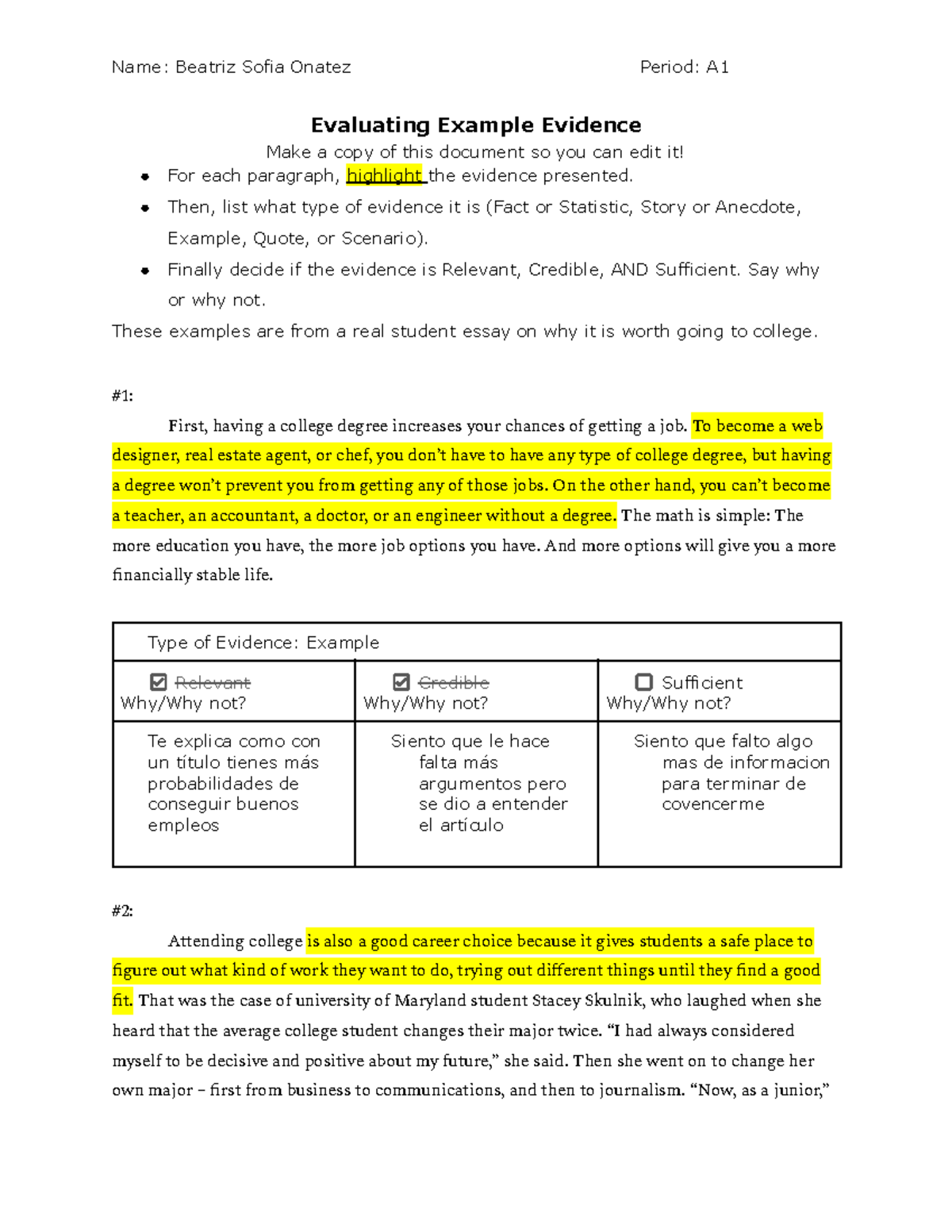 Copia de Evaluating Example Evidence - Name: Beatriz Sofia Onatez ...