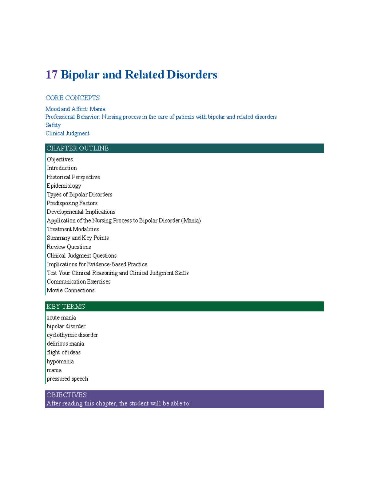 Ch.17 book - Chapter 17 book - 17 Bipolar and Related Disorders CORE CONCEPTS Mood and Affect ...