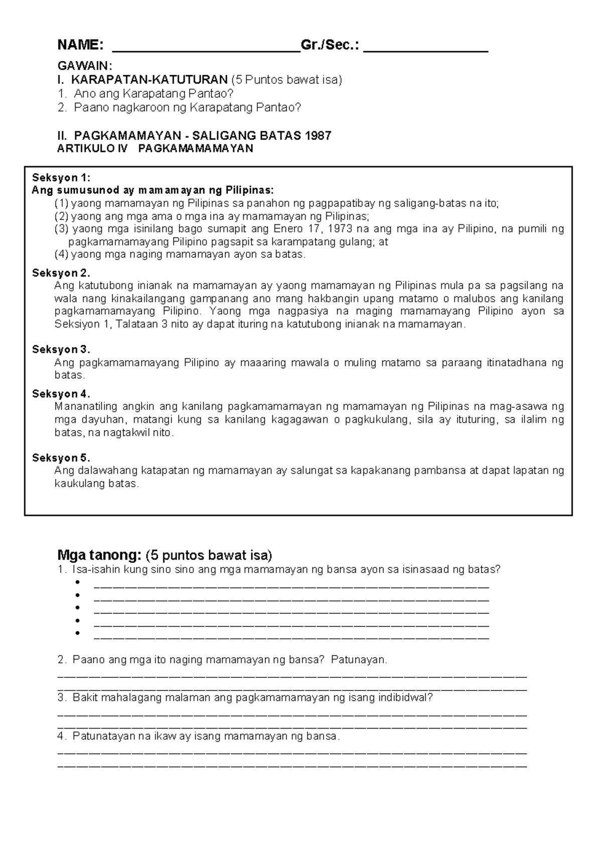 ARE Artikulo 4 Citizenship - NAME: ________________________Gr./Sec ...