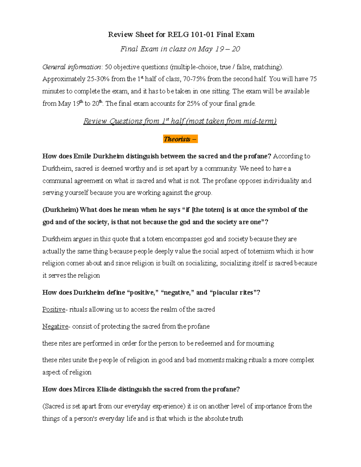 Copy of Review Sheet for RELG 101 S21 - Review Sheet for RELG 101-01 ...