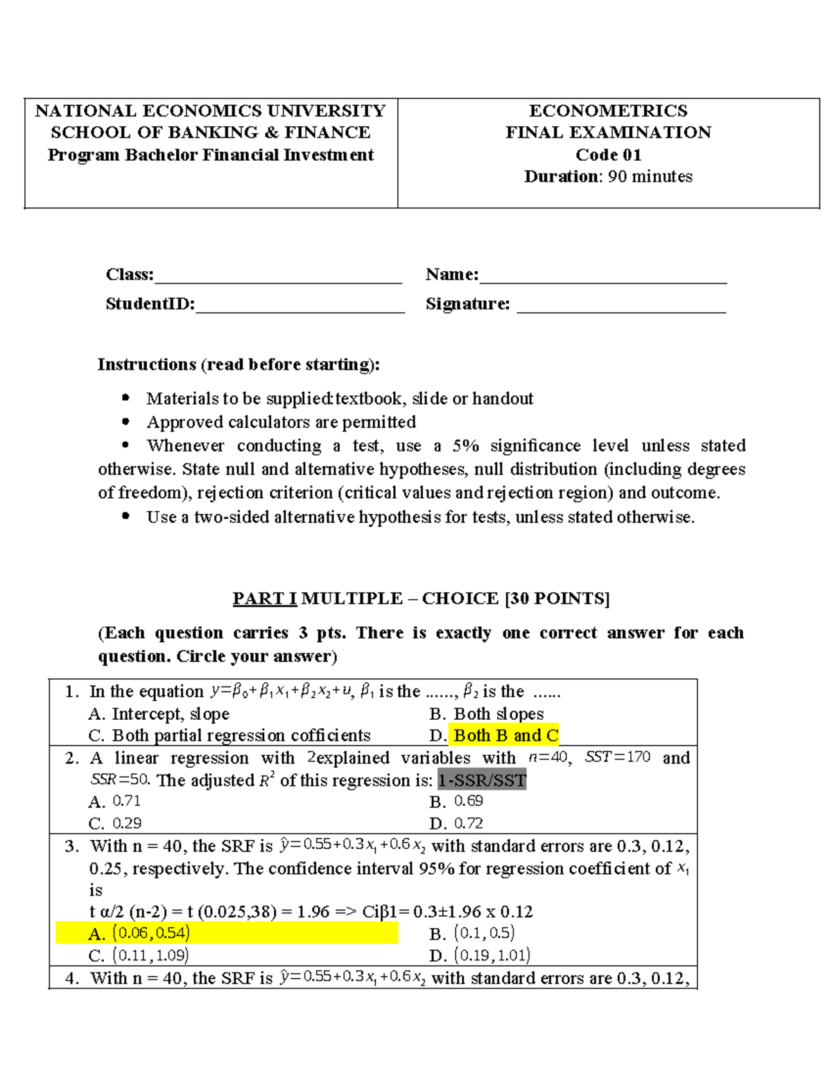 Econometrics-final exam BFI-61th code 1-1 - NATIONAL ECONOMICS ...