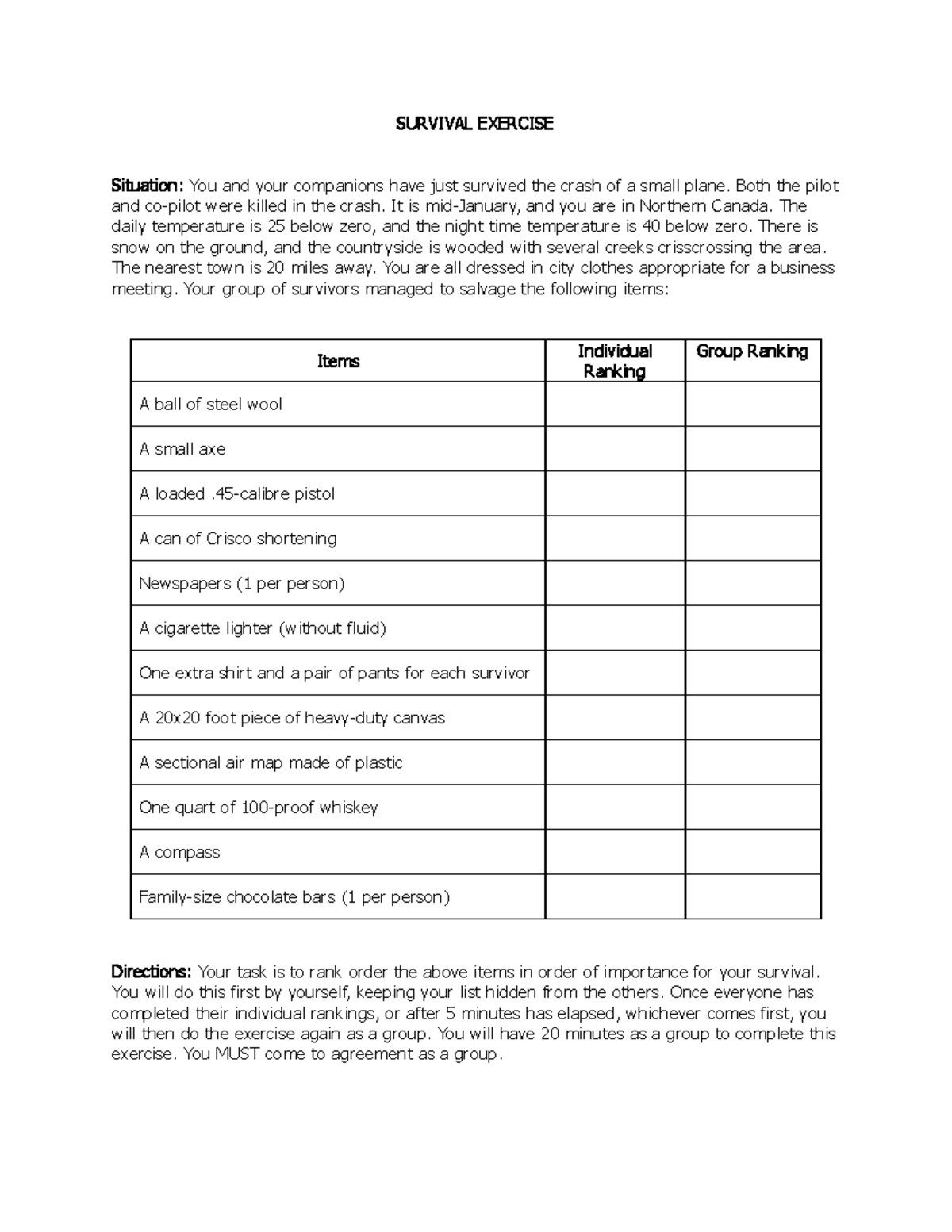 Survival Task Without Answers - SURVIVAL EXERCISE Sand co-pilot were ...