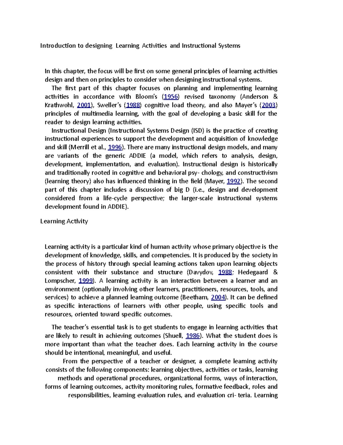 Introduction to designing Learning Activities and Instructional Systems ...