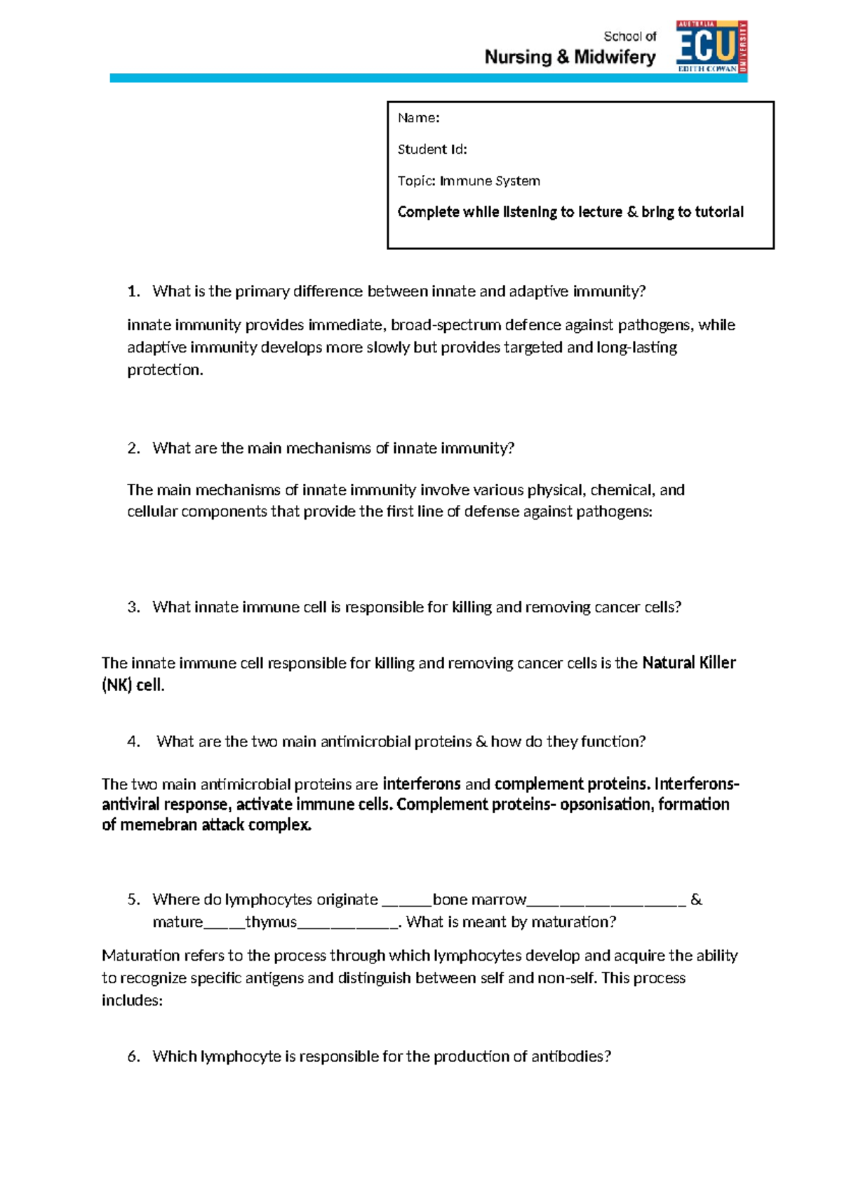 Worksheet Immune System - 1. What is the primary difference between ...