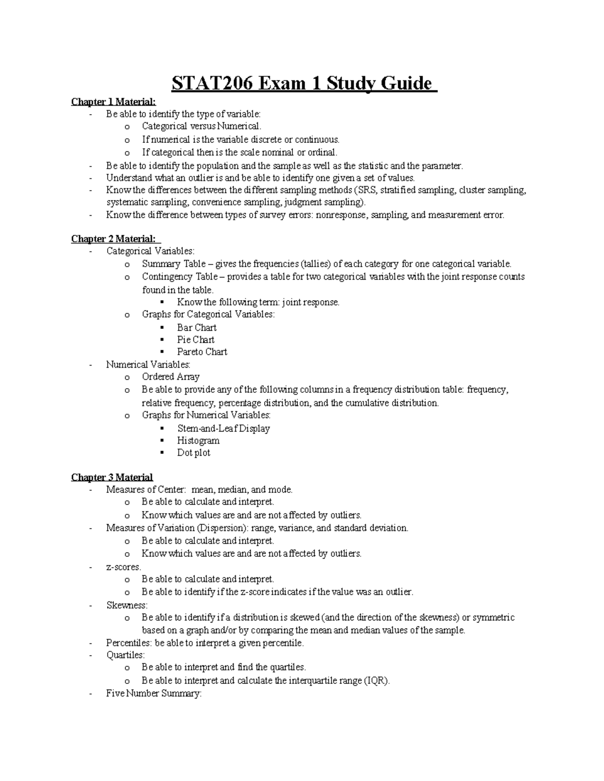 Exam 1 Review (Chapters 1 - 3 and 13) - STAT206 Exam 1 Study Guide ...