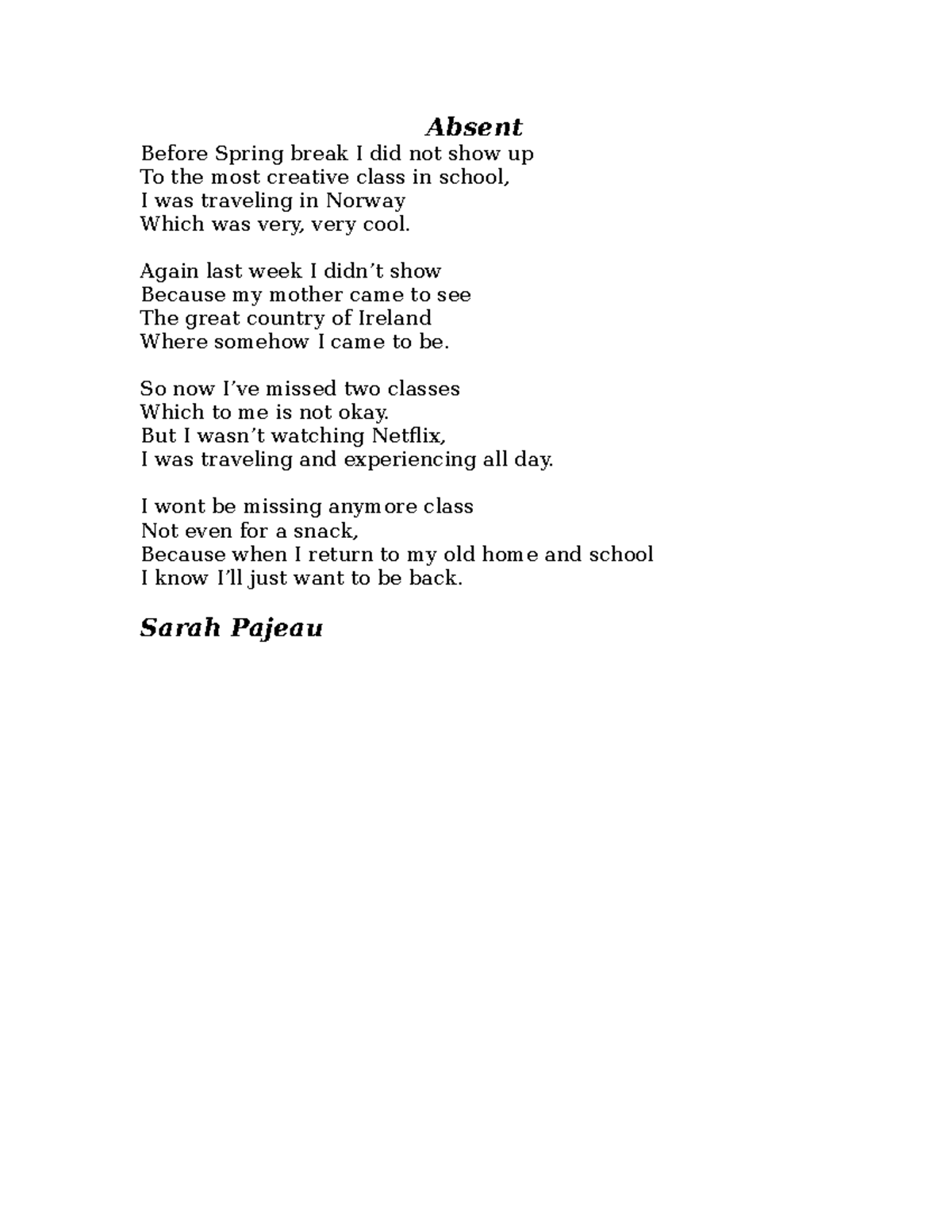 Missed Class - Introduction To Poetry - Absent Before Spring break I ...