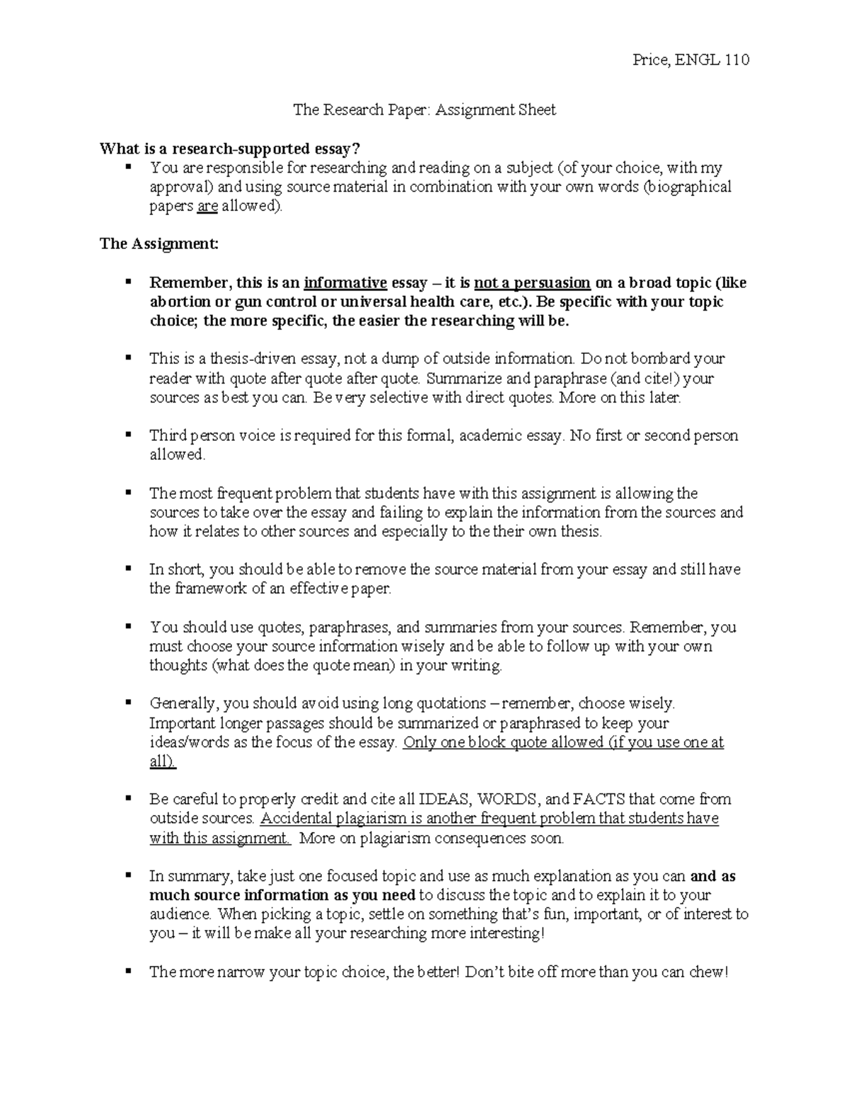 ENGL110Research Paper Assignment Sheet - Price, ENGL 110 The Research Paper: Assignment Sheet ...