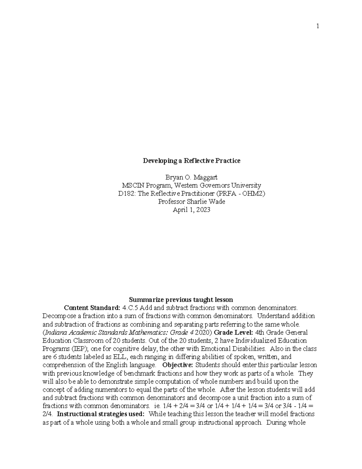 OHM2 - Reflective Practitioner (1) - Developing a Reflective Practice Bryan O. Maggart MSCIN ...