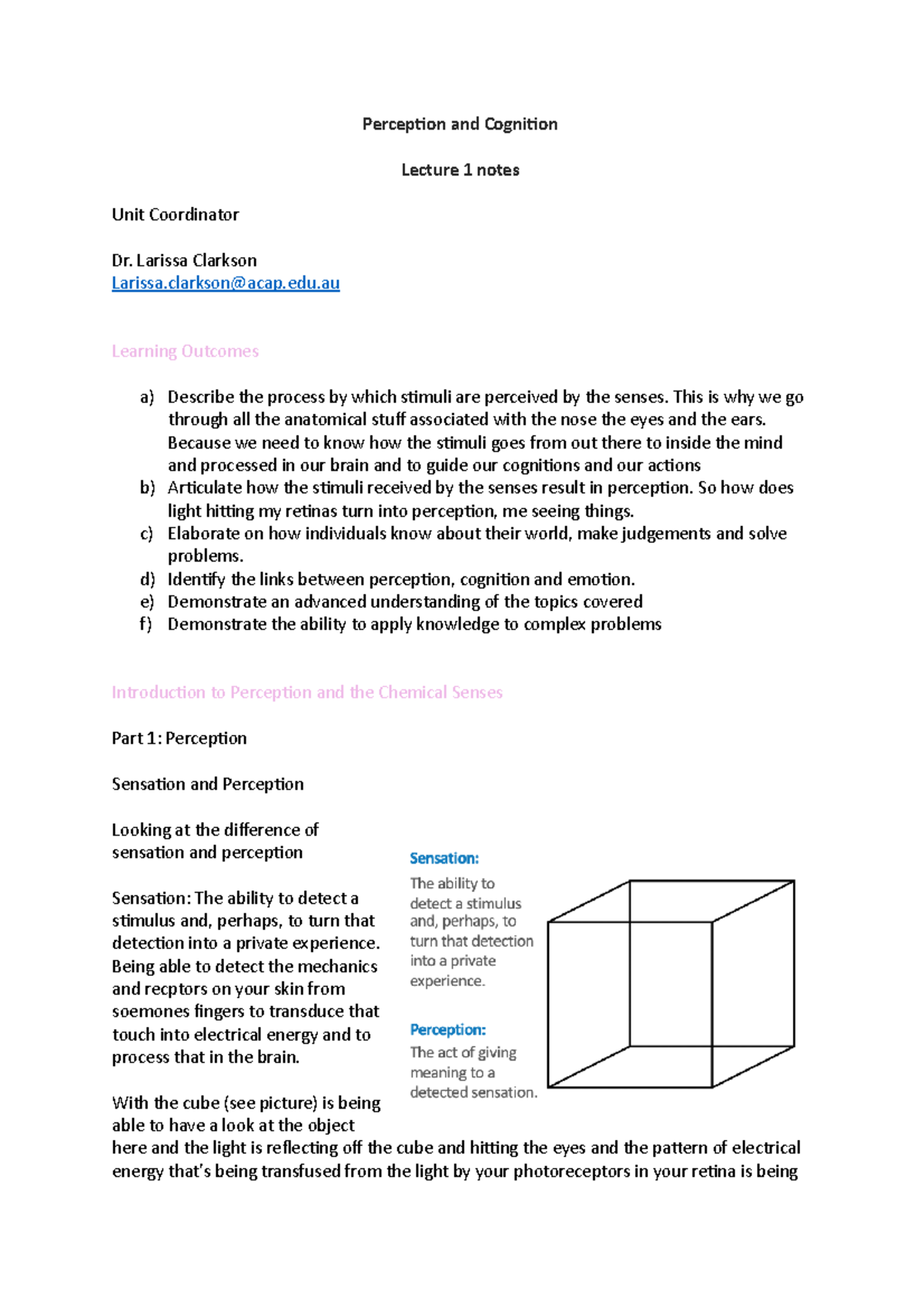 Perception And Cognition Lecture 1 Notes Perception And Cognition Lecture 1 Notes Unit