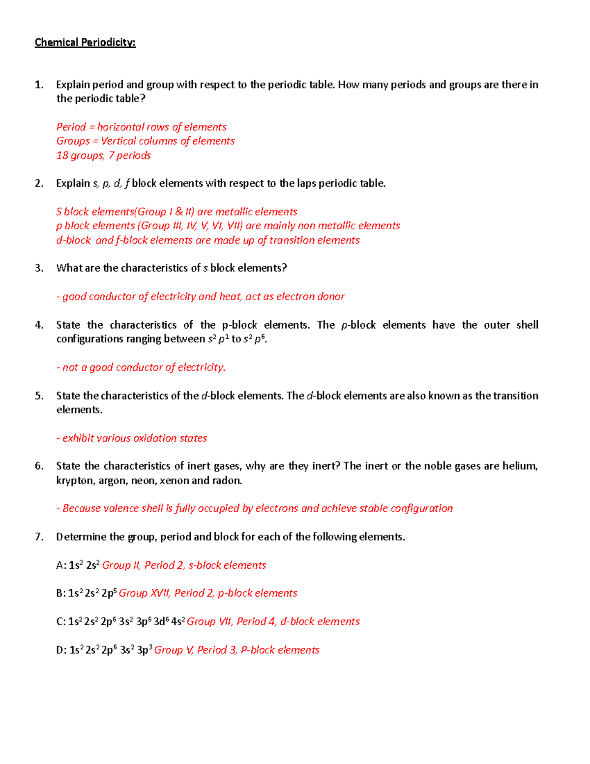 Chemical Periodicity Tutorial Questions & Answers - Chemical ...