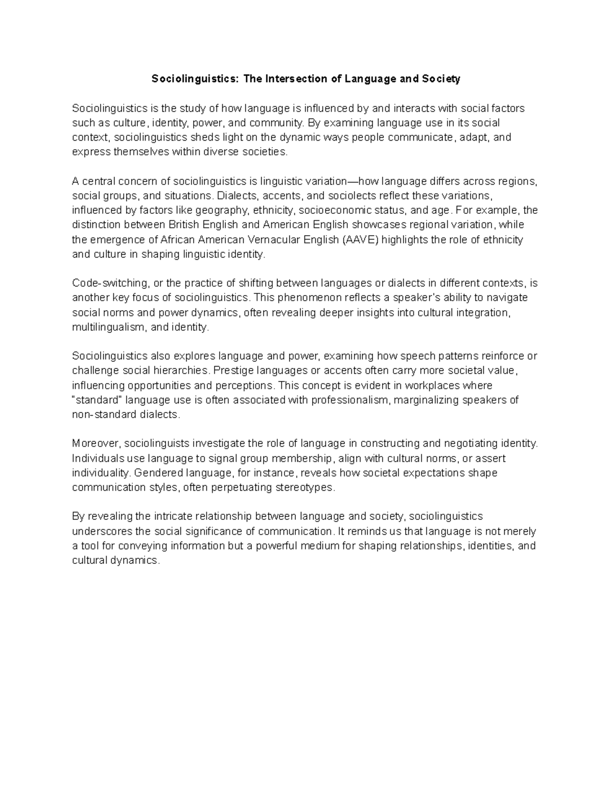 Anthro Paper 4 - Sociolinguistics - Sociolinguistics: The Intersection ...