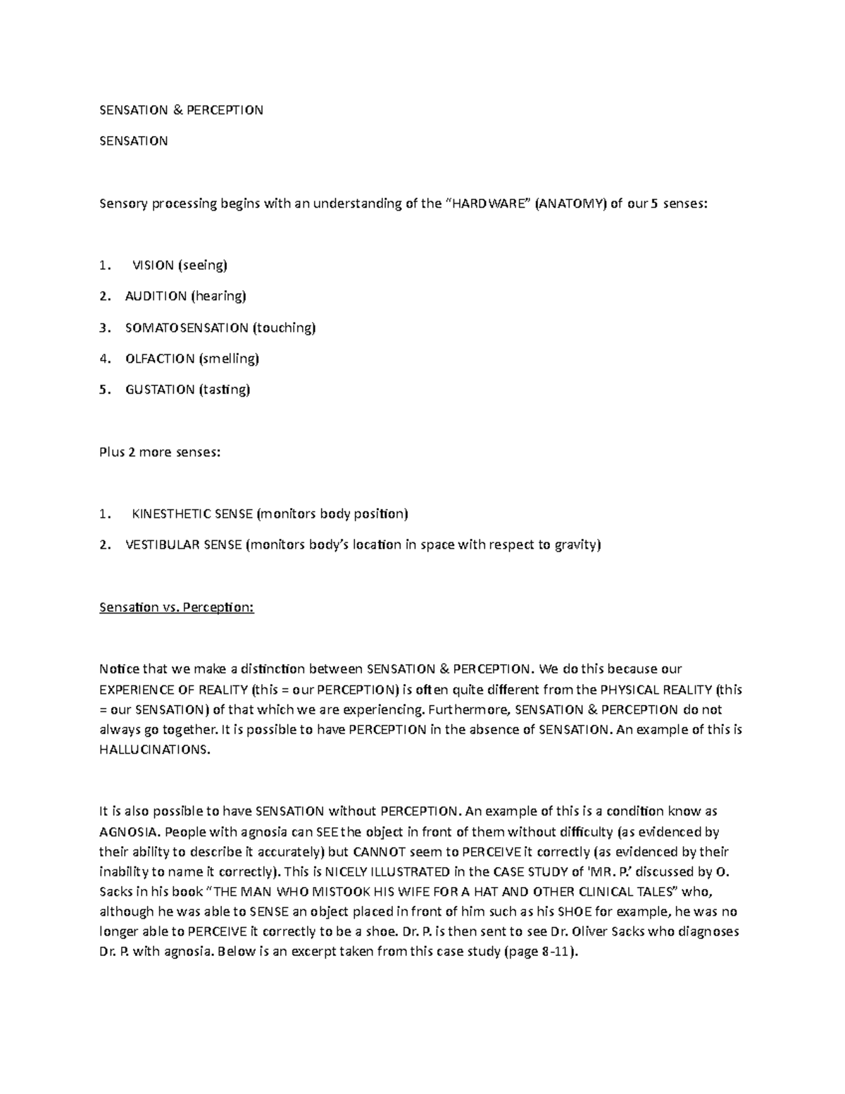 Sensation - Notes for the class - SENSATION & PERCEPTION SENSATION ...