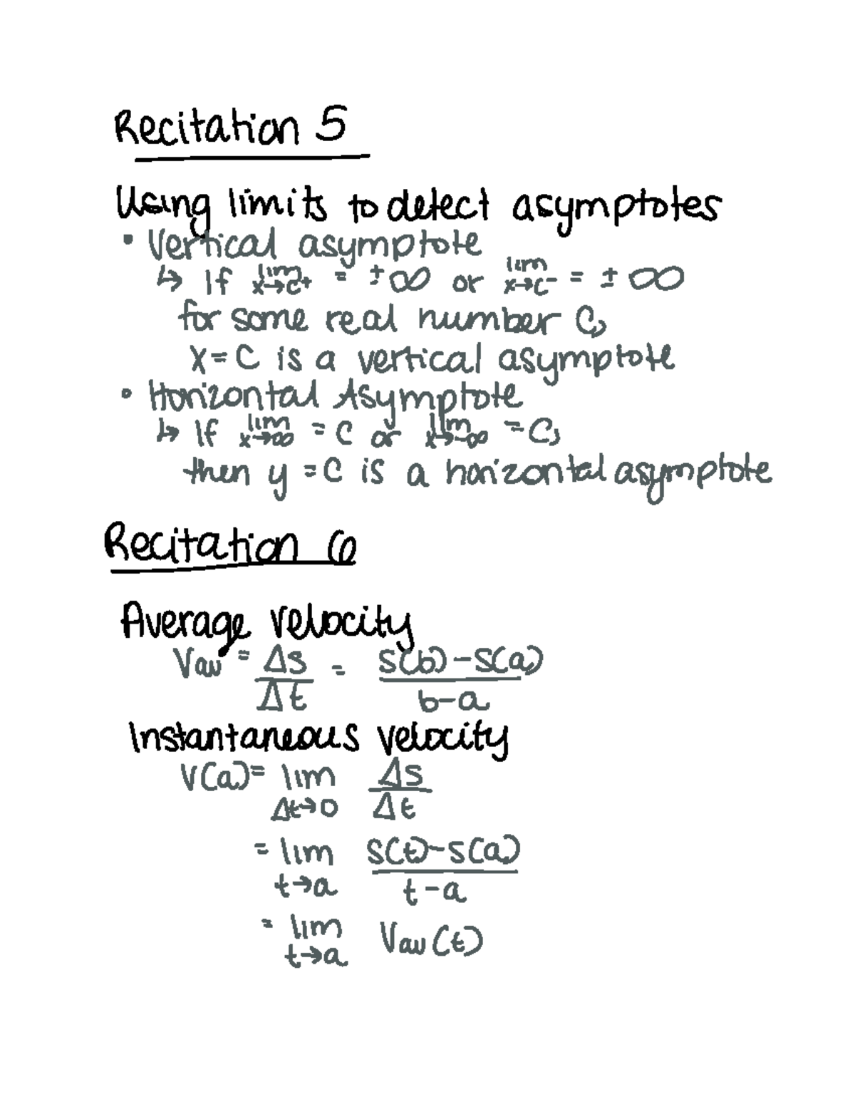 Calc 1- Recitation 5 Notes - Recitations Using limits to detect ...