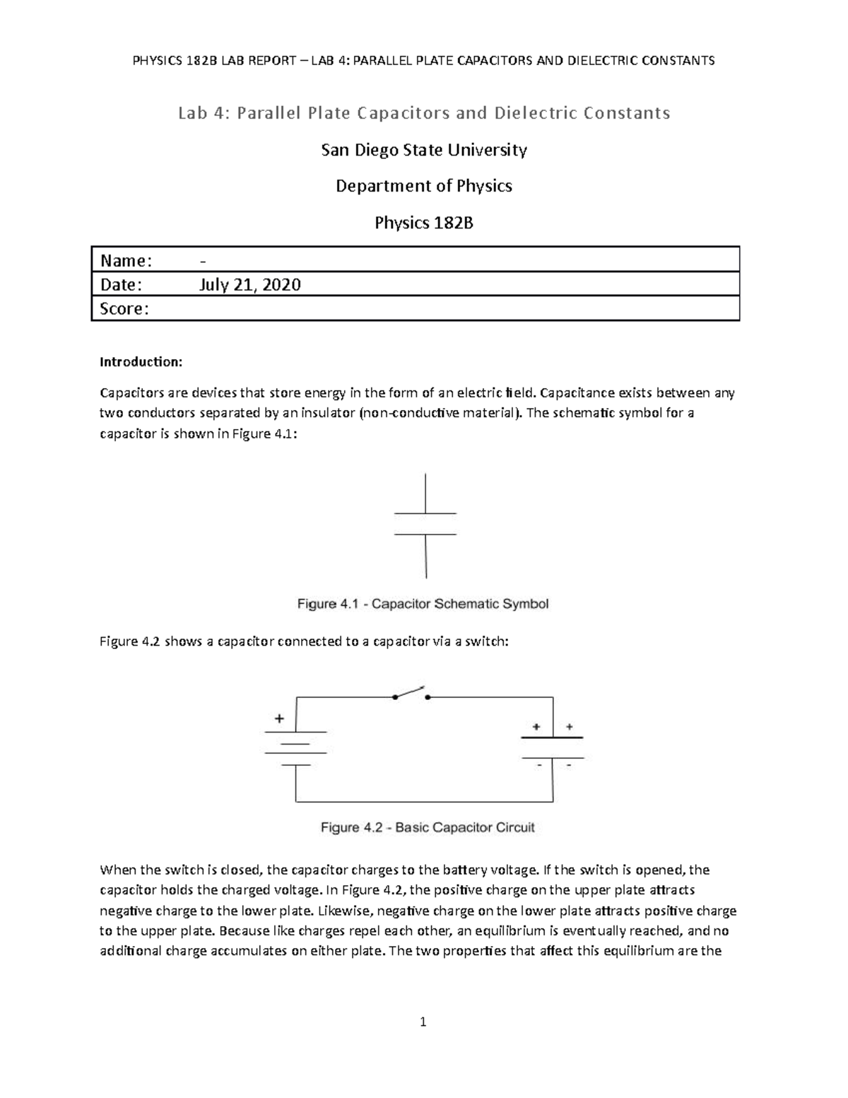 182B Lab 4 - 4th lab - Lab 4: Parallel Plate Capacitors and Dielectric ...