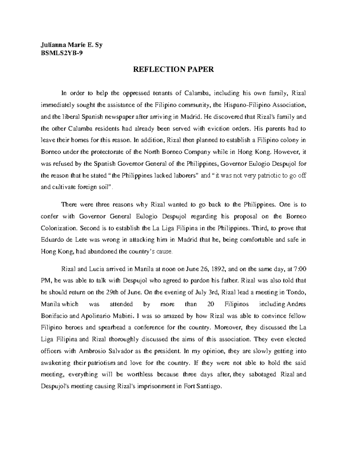 Reflection Paper - Julianna Marie E. Sy BSMLS2YB- REFLECTION PAPER In ...