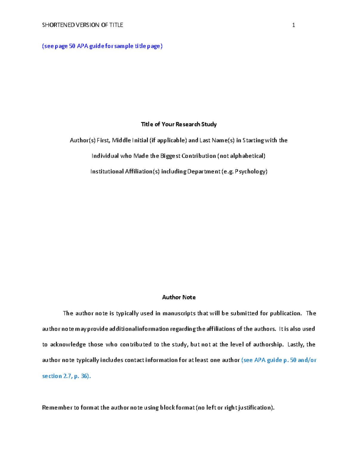 Full Paper - APA Format Template (7th Edition) - (see page 50 APA guide ...