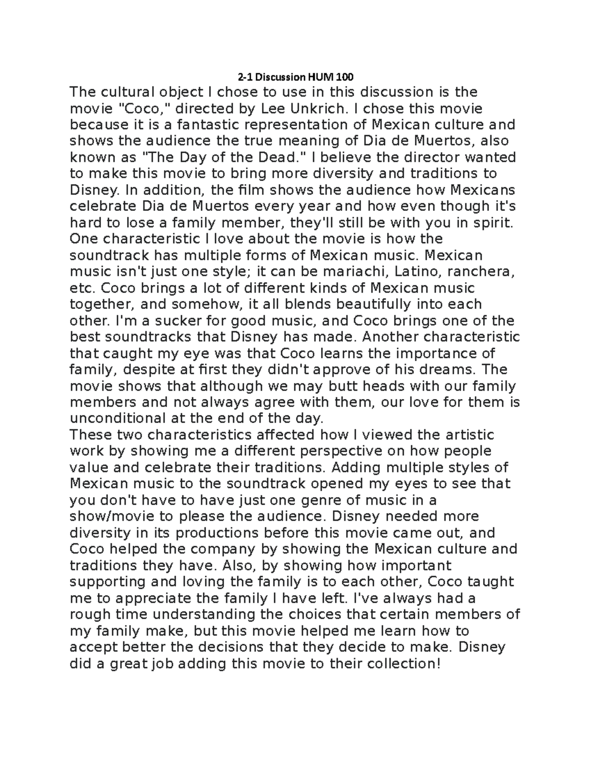 2-1 Discussion HUM 100 - 2-1 Discussion HUM 100 The cultural object I ...