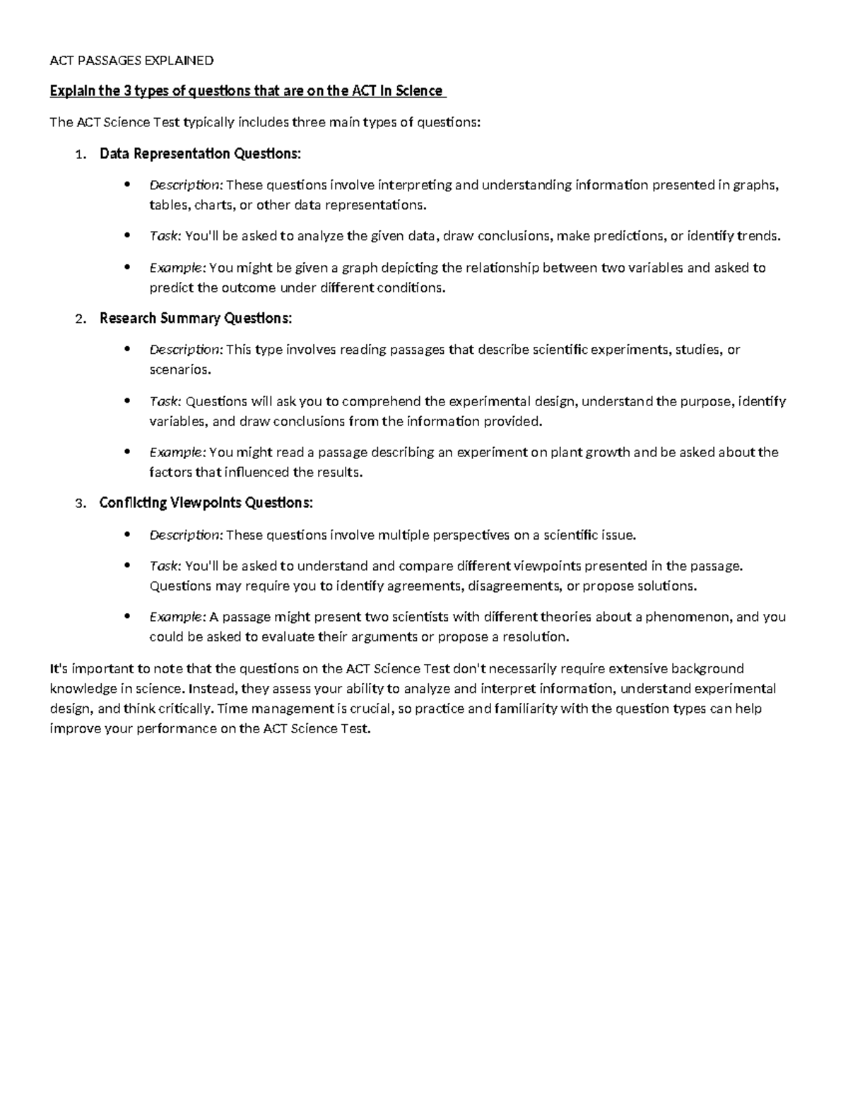 ACT Passages Explained - ACT PASSAGES EXPLAINED Explain the 3 types of ...