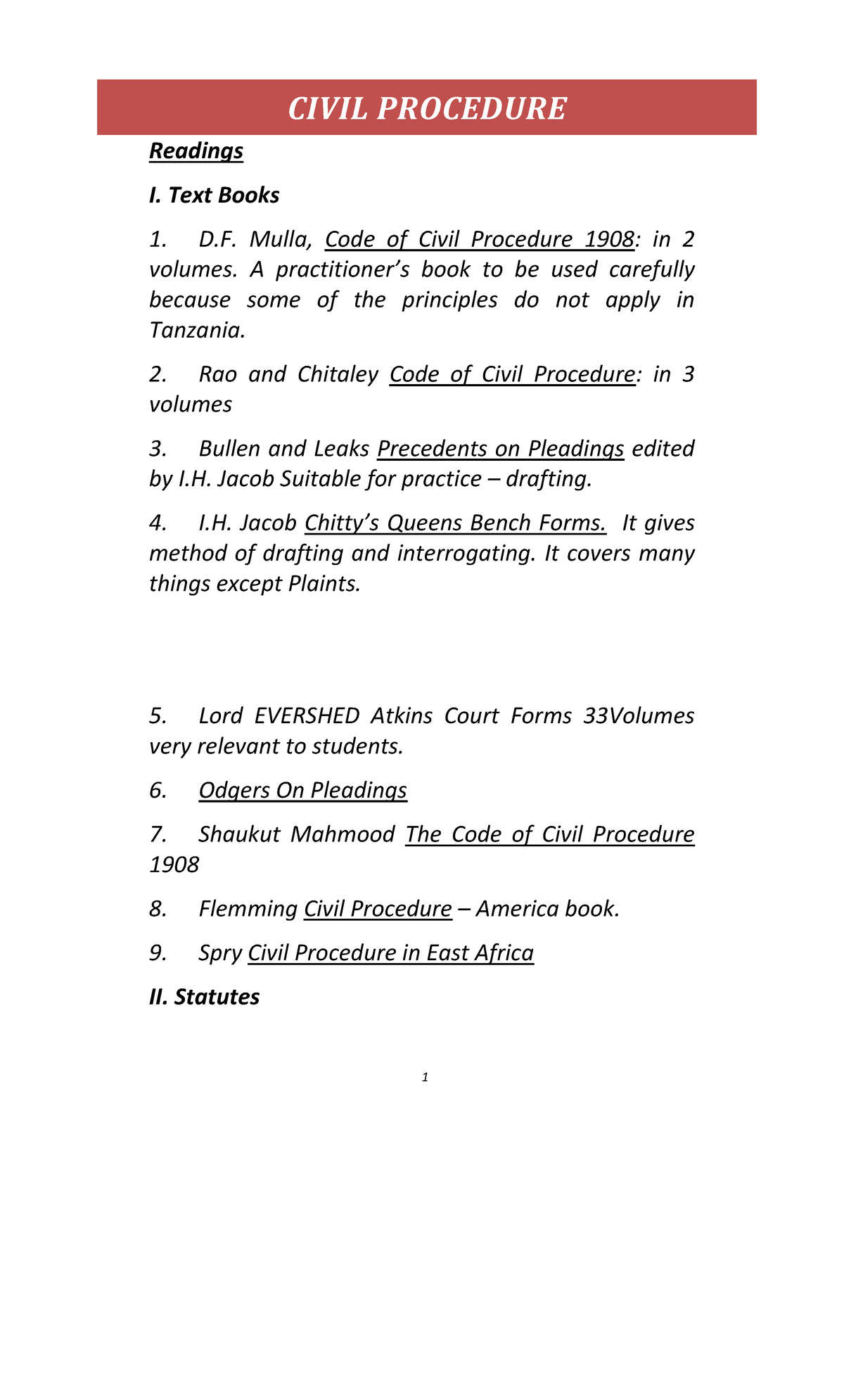 Civil Procedure UDSM Manual - CIVIL PROCEDURE Readings I. Text Books D ...