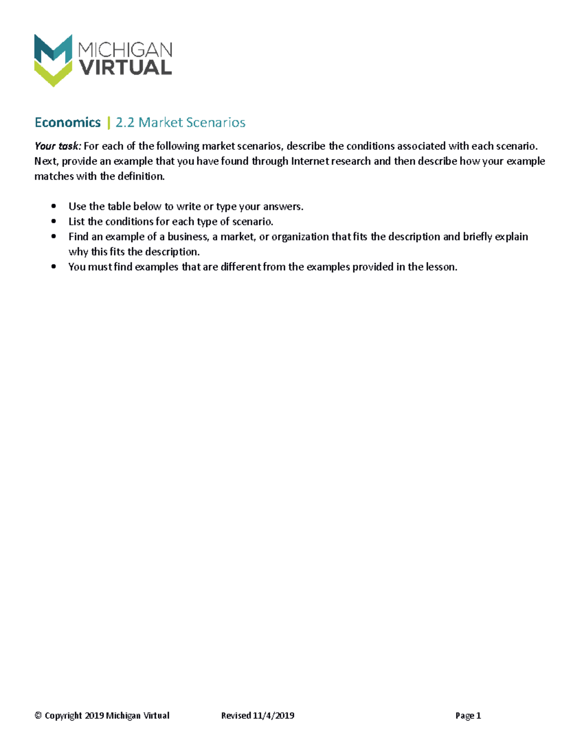Lesson 2.2 Market Scenarios - Economics | 2 Market Scenarios Your task ...