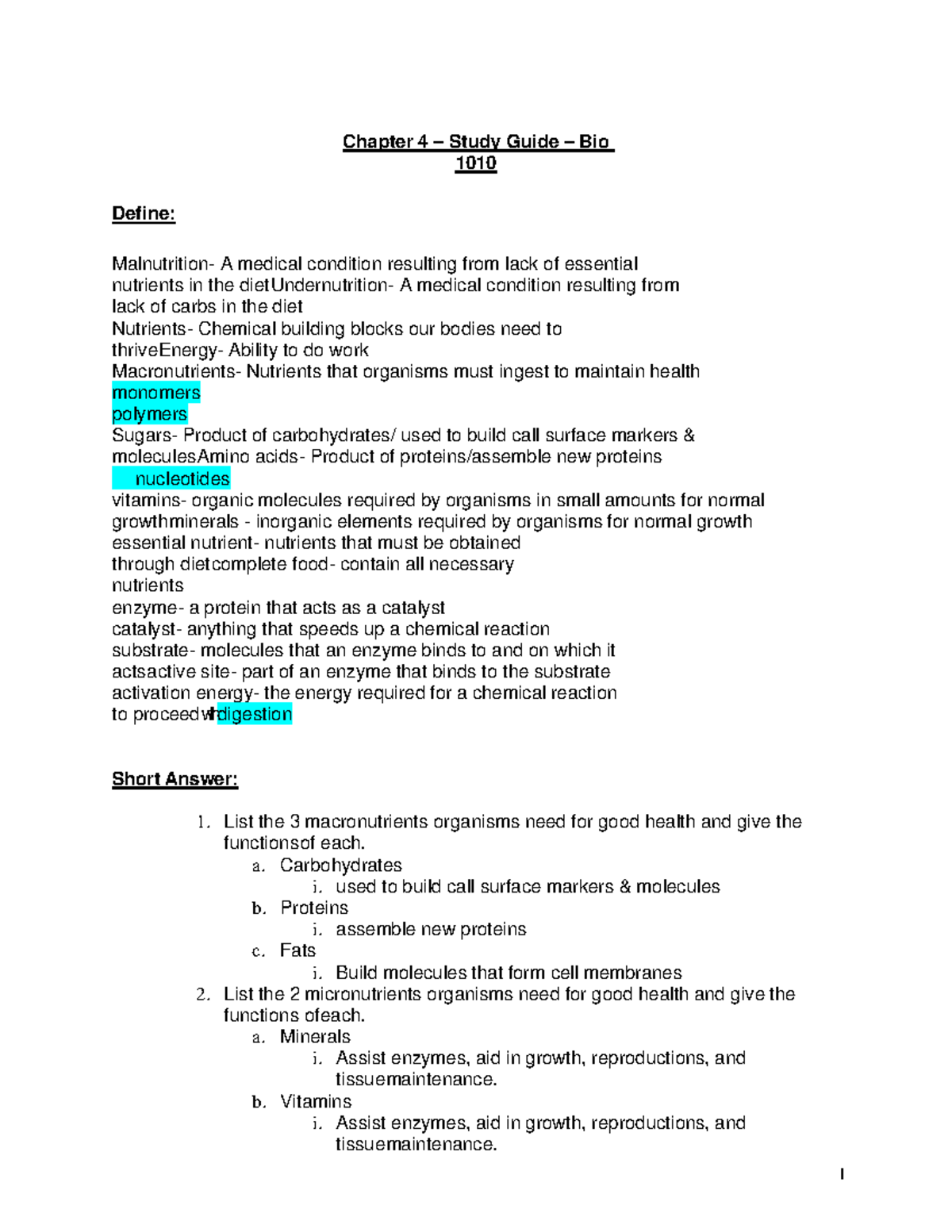 Chapter 4 Study Guide BIO1010 - Chapter 4 – Study Guide – Bio 1010 ...