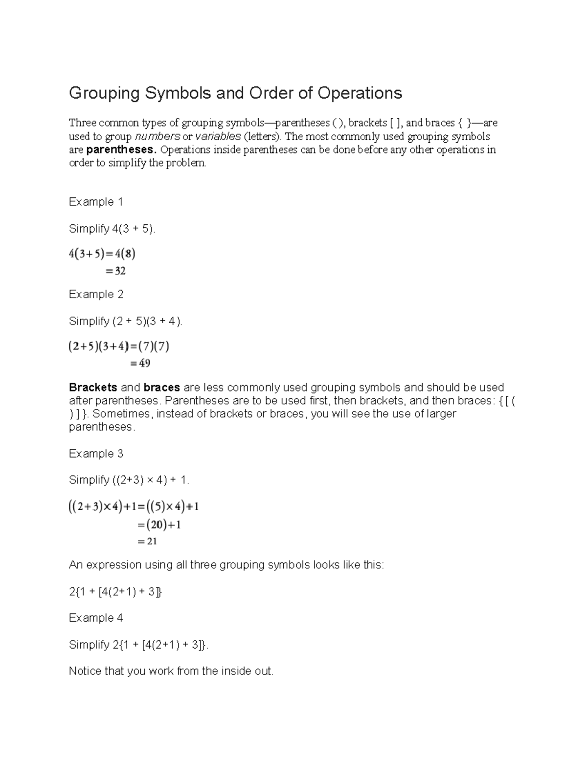 Grouping Symbols and Order of Operations - The most commonly used grouping symbols are ...