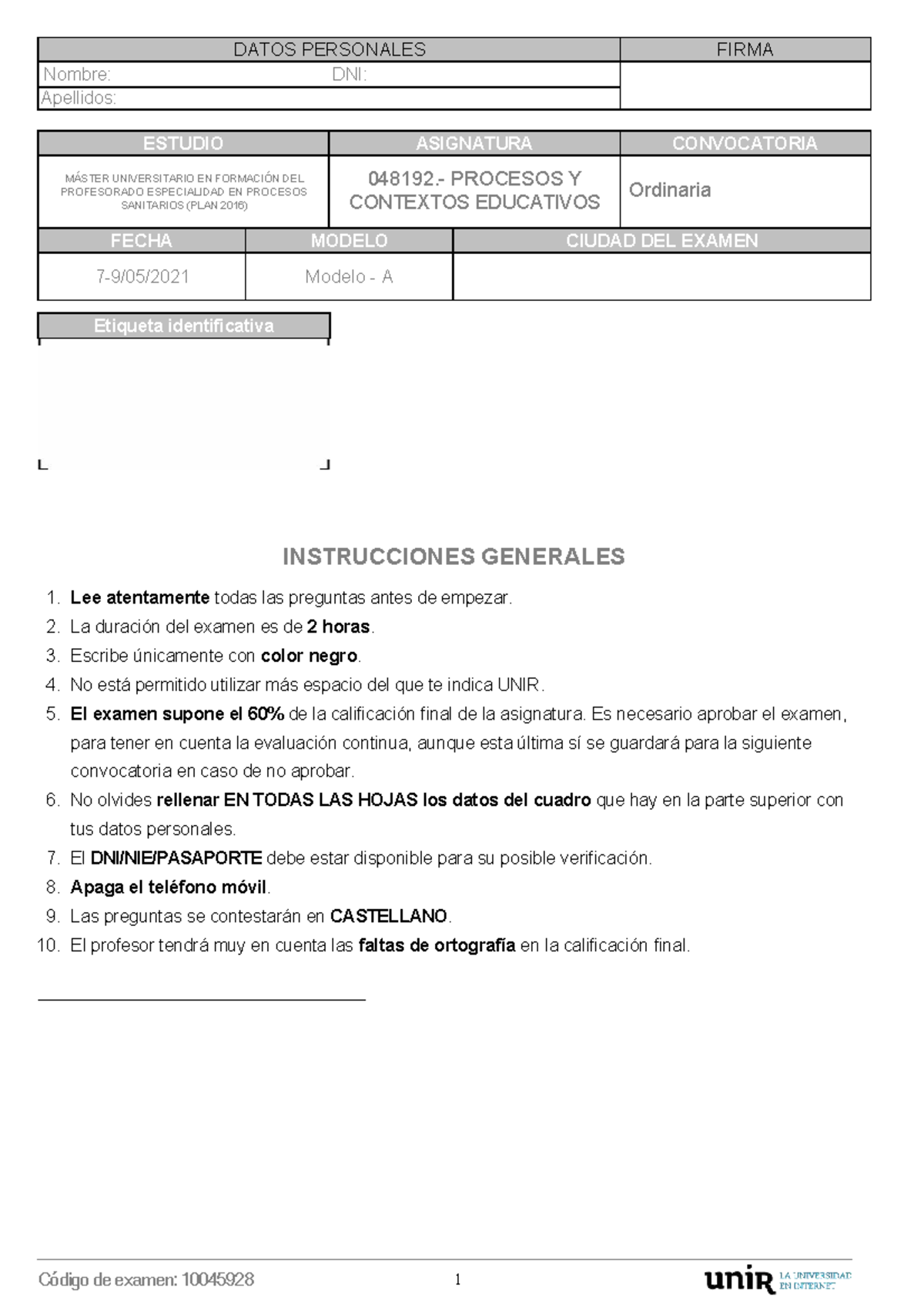 Examenprocesos - Examen procesos - ESTUDIO ASIGNATURA CONVOCATORIA PROFESORADO ESPECIALIDAD EN ...