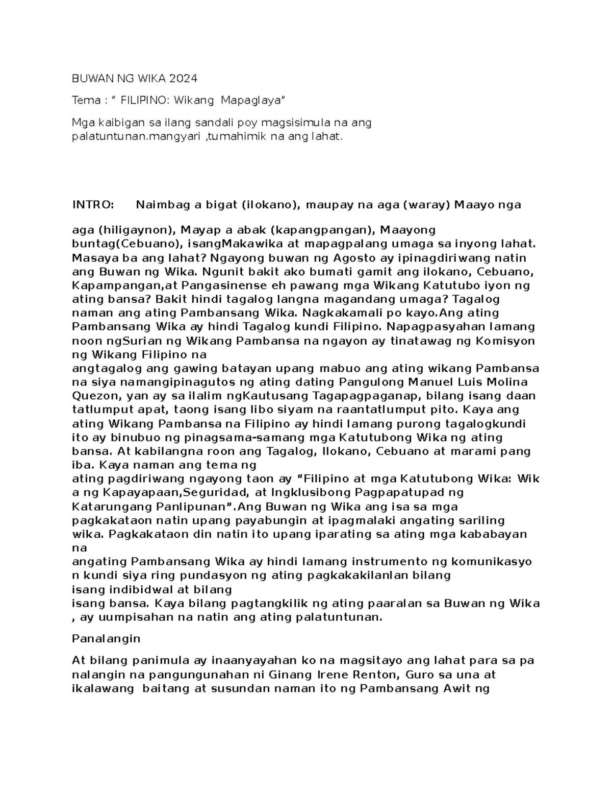 Buwan NG WIKA 2024 s1 - NNNN - BUWAN NG WIKA 2024 Tema : “ FILIPINO ...