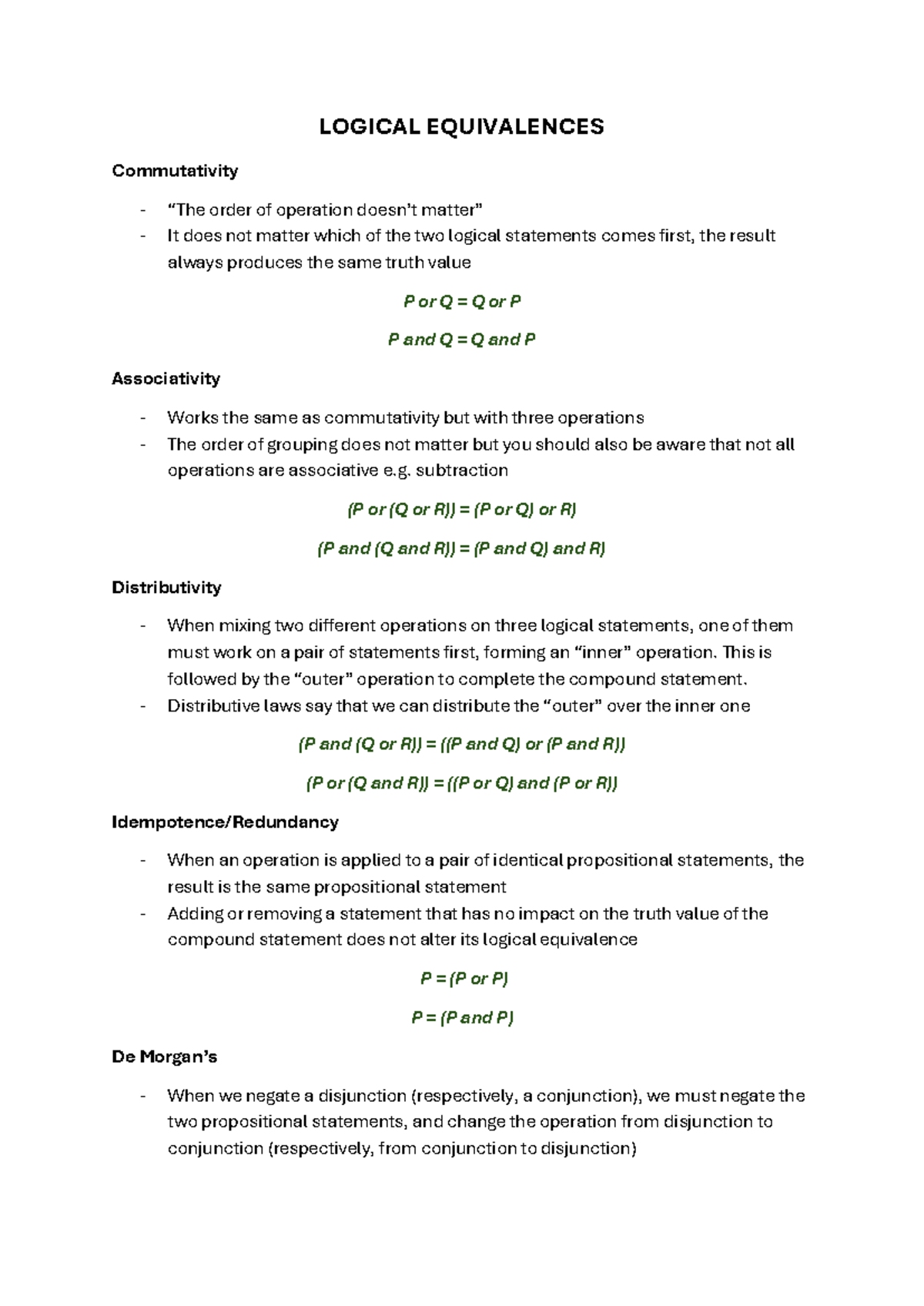 Logical Equivalences Summary Formal Logic Logical Equivalences Commutativity “the Order Of