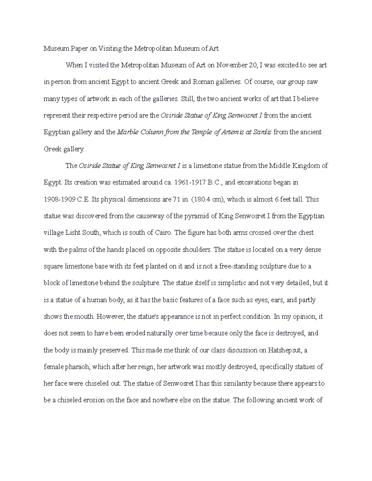 Museum Paper on Visiting the Metropolitan Museum of Art.docx - Of ...