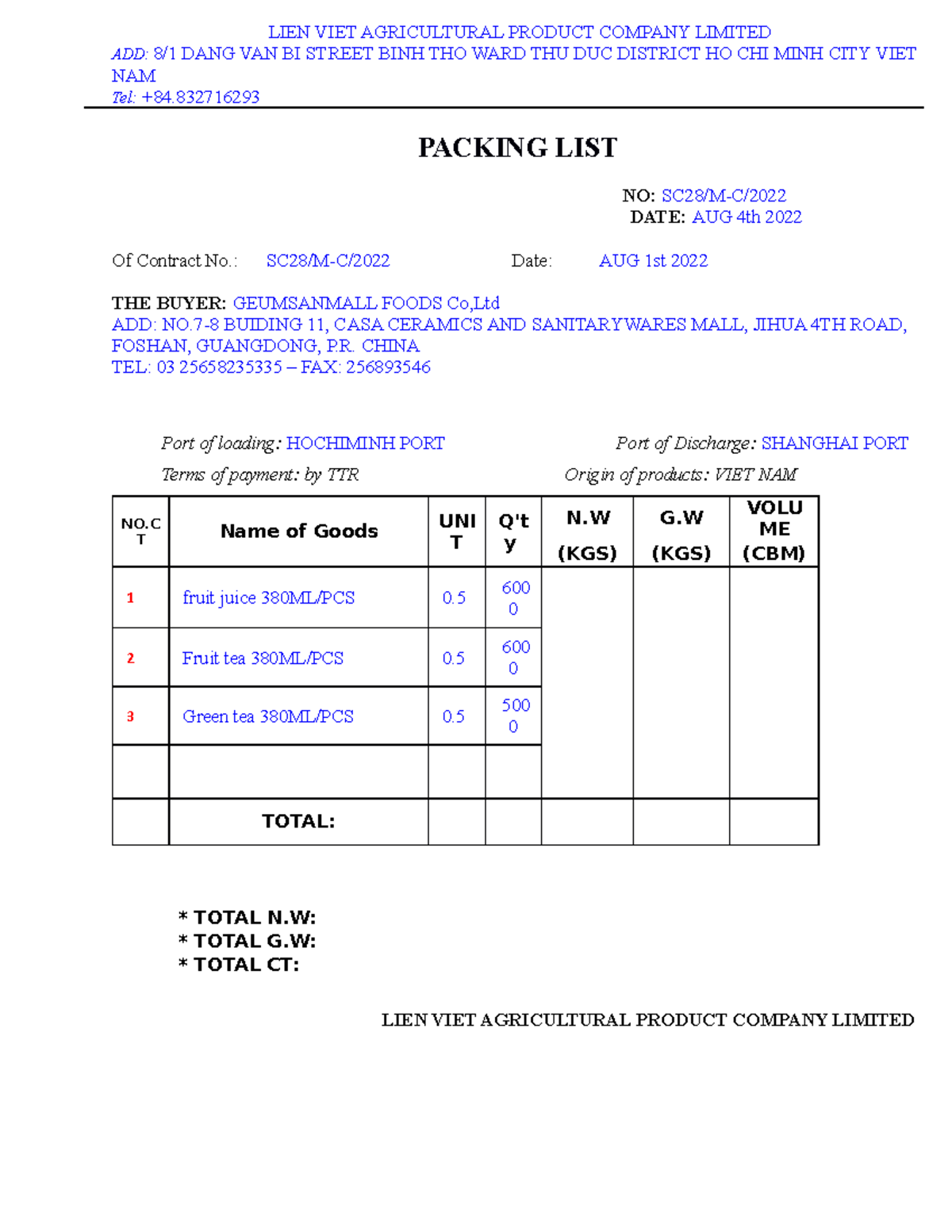 Invoice Paking LIST MẪU - LIEN VIET AGRICULTURAL PRODUCT COMPANY ...