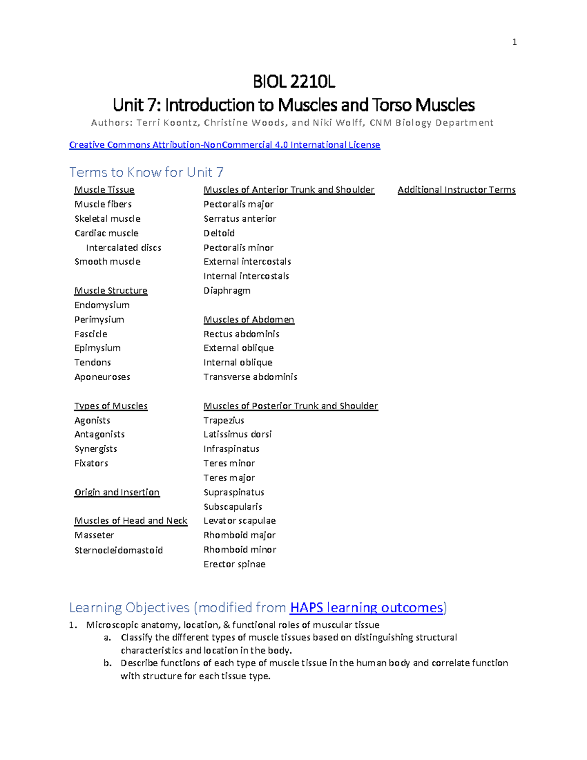 Unit 7 introduction to muscles and torso muscles - BIOL 2210 L Unit 7 ...