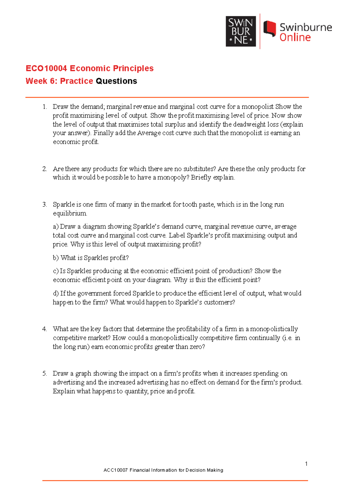 ECO10004 practice questions week6 - ECO10004 Economic Principles Week 6 ...