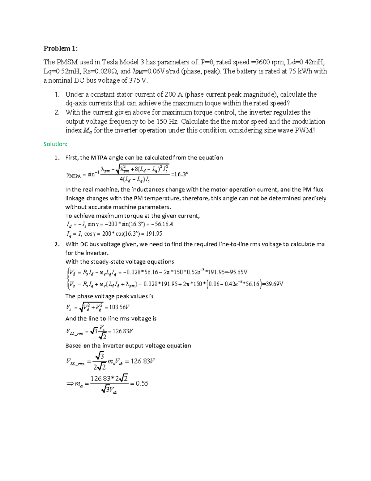 Assignment 4 solutions - The PMSM used in Tesla Model 3 has parameters ...