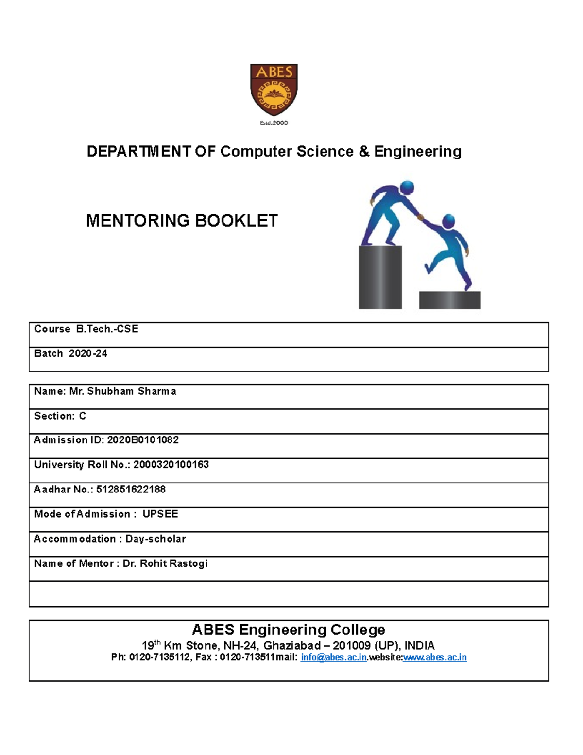 Sample Mentor Booklet and Certificates - DEPARTMENT OF Computer Science ...