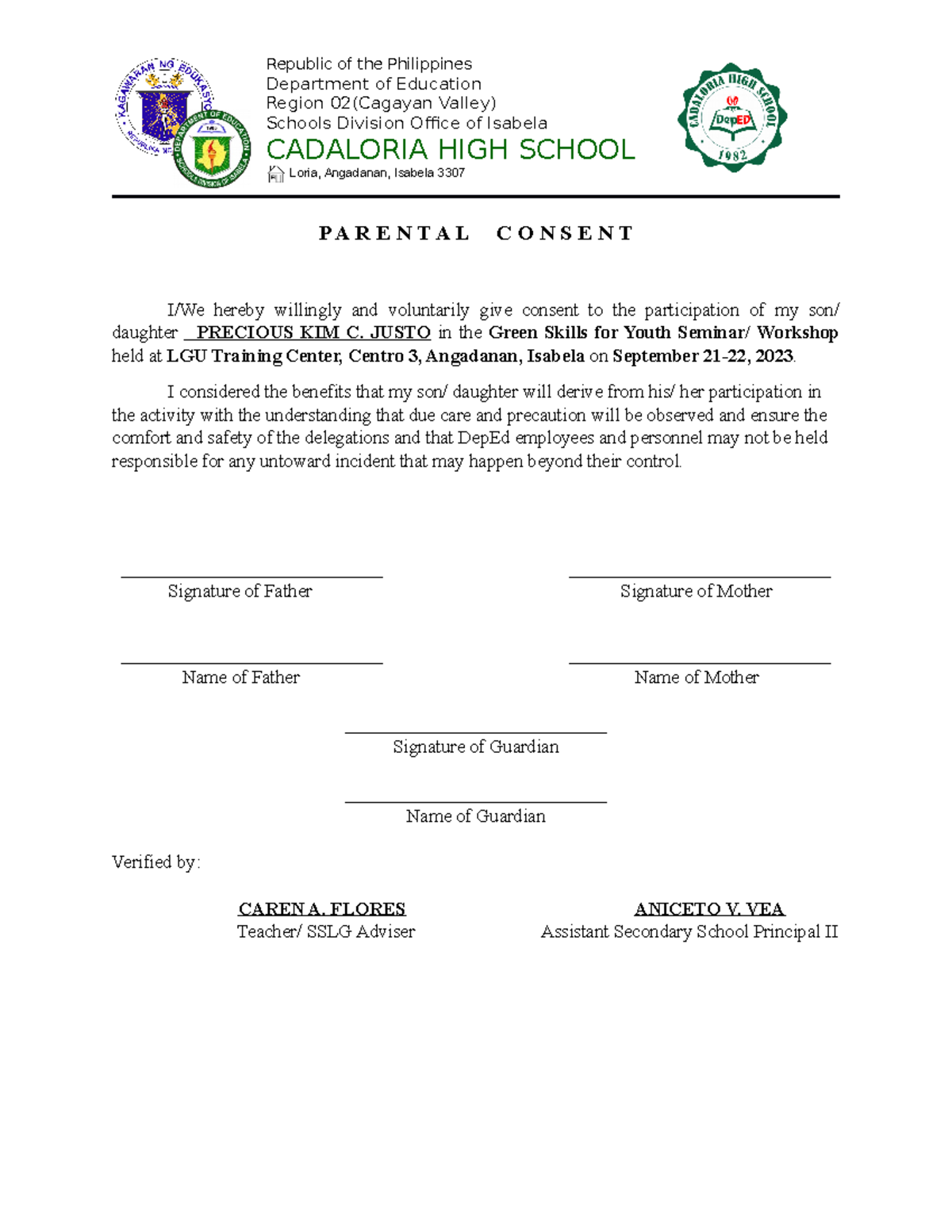 Waiver - Republic of the Philippines Department of Education Region 02 ...