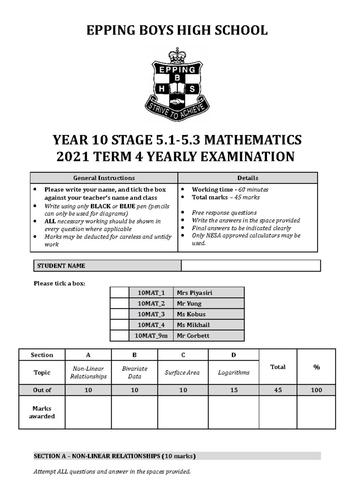 2021 Yr10 St5.3 T4 Yearly Exam - EPPING BOYS HIGH SCHOOL YEAR 10 STAGE ...