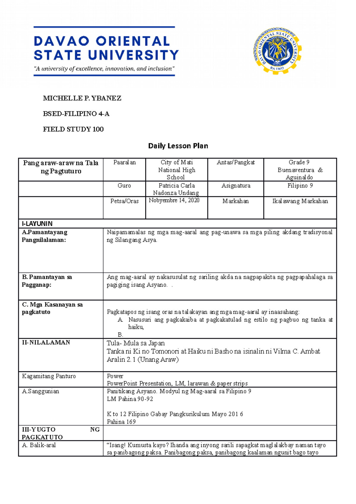 LP1 - MICHELLE P. YBANEZ BSED-FILIPINO 4-A FIELD STUDY 100 Daily Lesson ...
