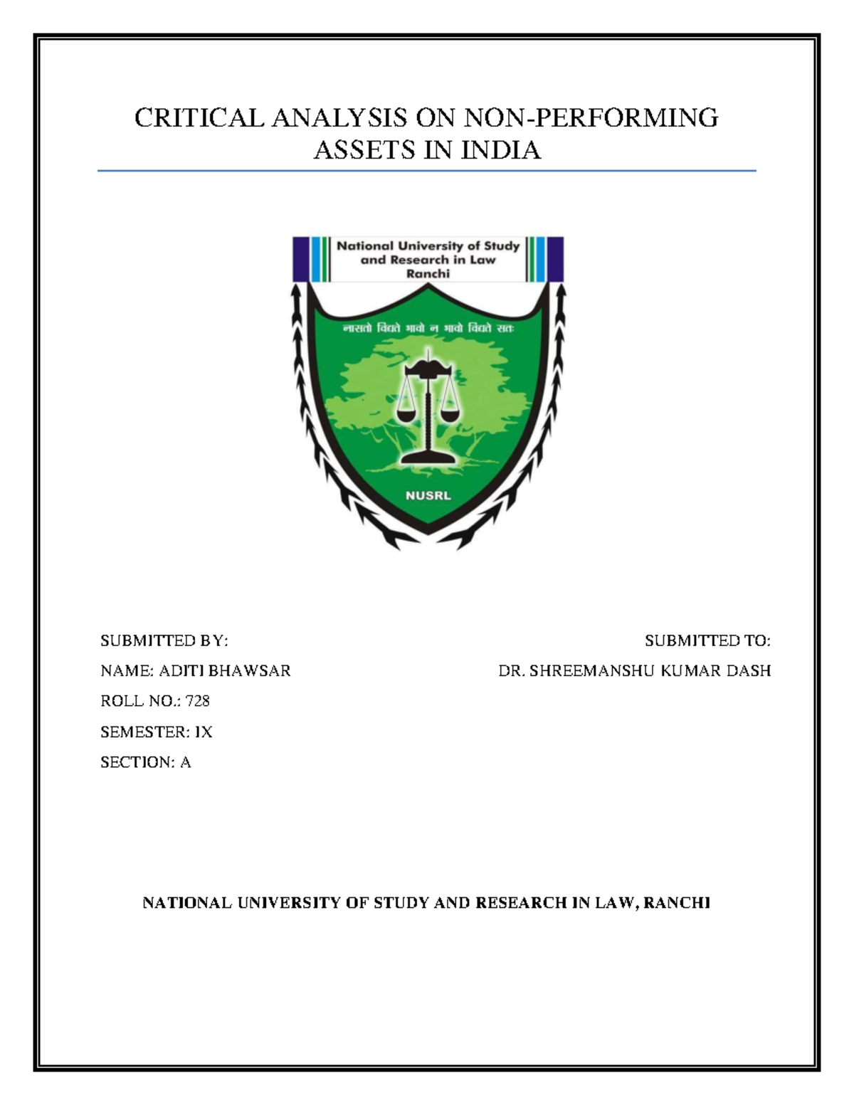 Critical Analysis ON NPA - Banking Laws and Regulations - Studocu
