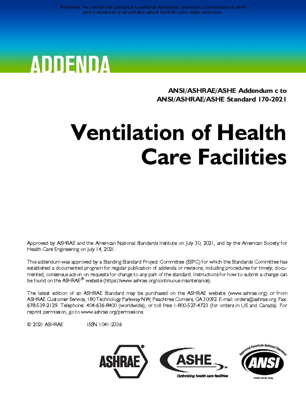 Ashrae 170 2021 c 20210730 - ANSI/ASHRAE/ASHE Addendum c to ANSI/ASHRAE ...