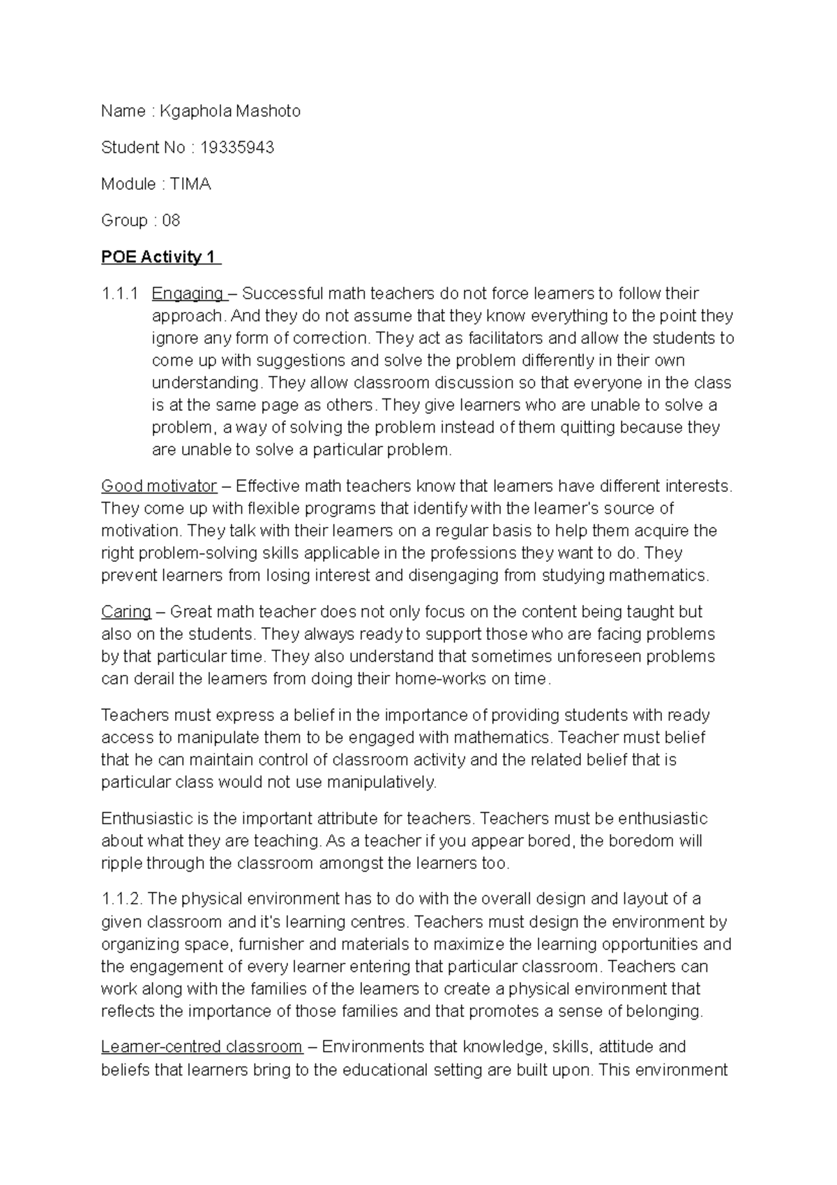 Activit 1 and 2 POE - Name : Kgaphola Mashoto Student No : 19335943 ...